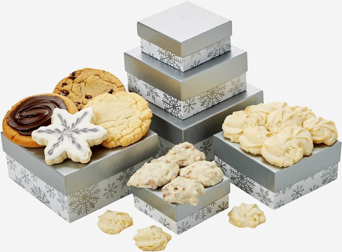 Silver Snowflake Gift Trio | Three Box Treat Tower | Cookie Bouquets